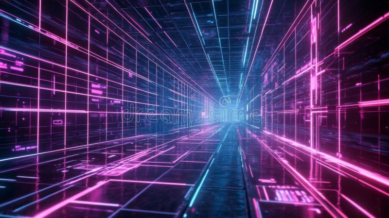 Futuristic Neon Corridor with Glowing Lines Stock Illustration ...