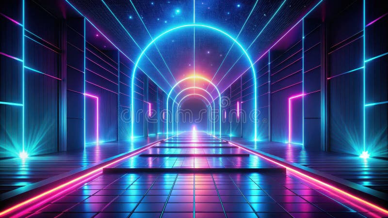 Futuristic Neon Corridor with Glowing Lines and Arched Pathways Leading ...