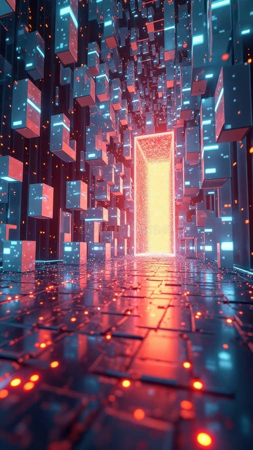 Futuristic Neon Corridor with Glowing Portal in Cyberpunk Style Stock ...