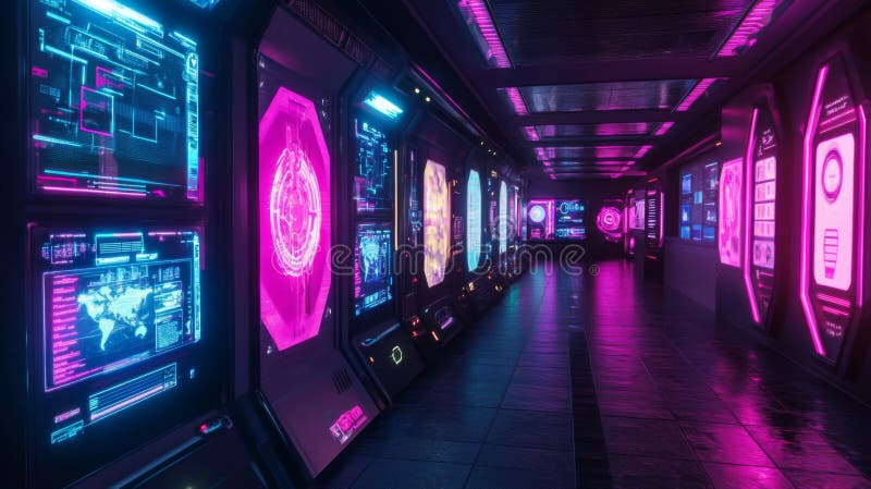 Futuristic Neon Corridor with Glowing Screens and Data Displays Stock ...