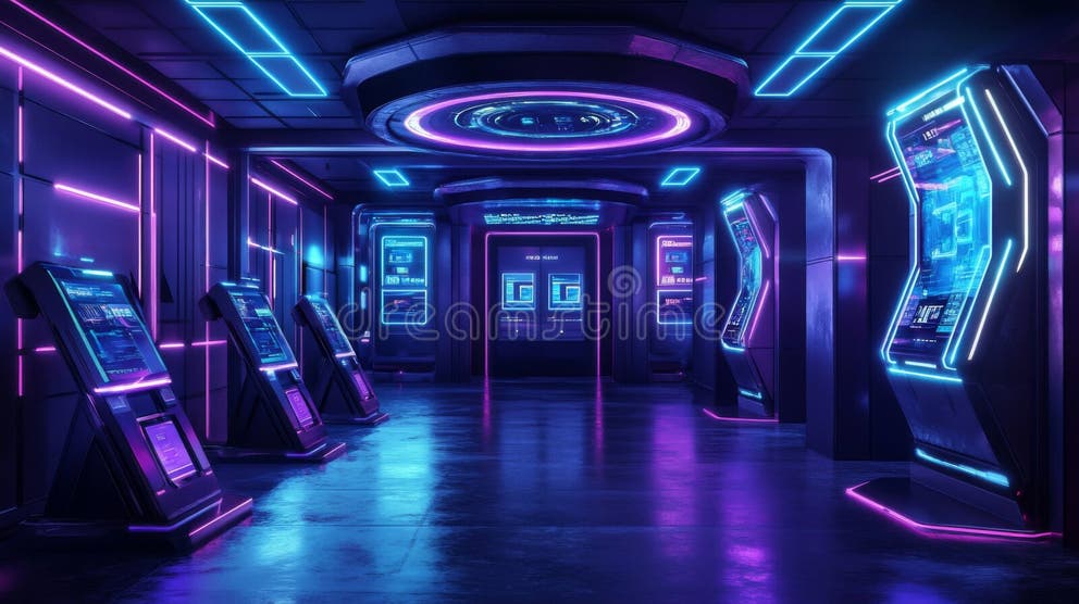 Futuristic Neon Corridor with Interactive Screens Stock Illustration ...