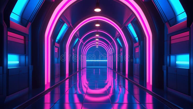 Futuristic Neon Corridor with Pink and Blue Light Stock Illustration ...