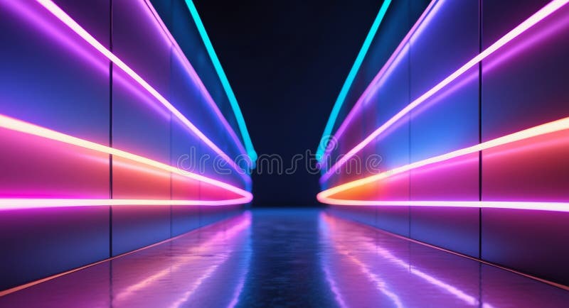 Futuristic Neon Corridor with Polished Floor and Vibrant Lighting Stock ...
