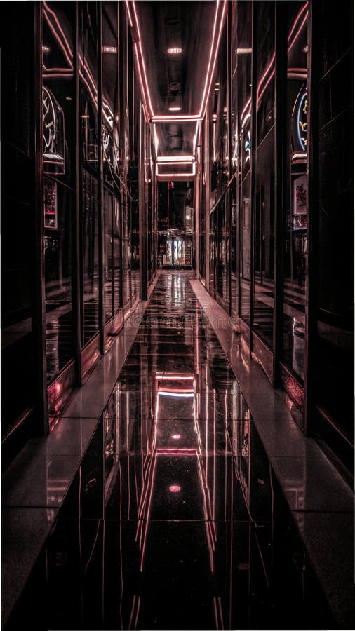 Futuristic Neon Corridor with Reflective Floor at Night Stock Image ...