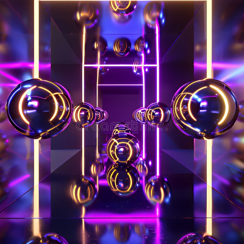Futuristic Neon Corridor with Reflective Spheres Stock Illustration ...