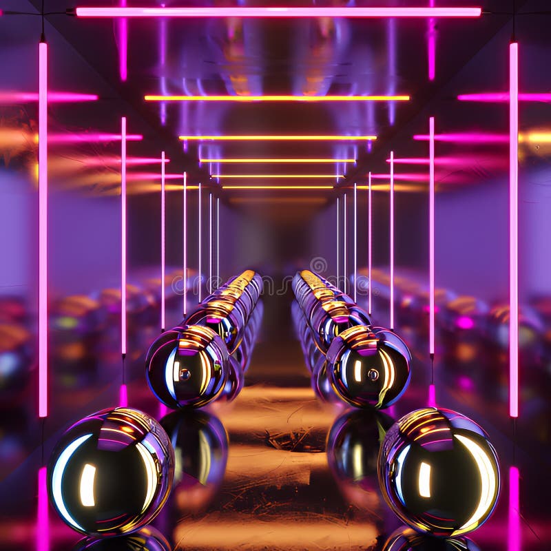 Futuristic Neon Corridor with Reflective Spheres Stock Illustration ...