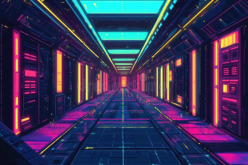 Futuristic Neon Corridor with Vibrant Colors and Glowing Lights Stock ...