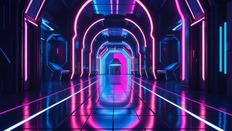 Futuristic Neon Corridor with Vibrant Lighting Stock Illustration ...