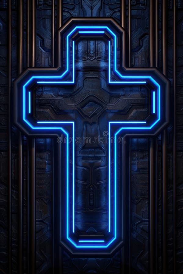 Futuristic Neon Cross in Dark Sci-fi Environment Stock Illustration ...