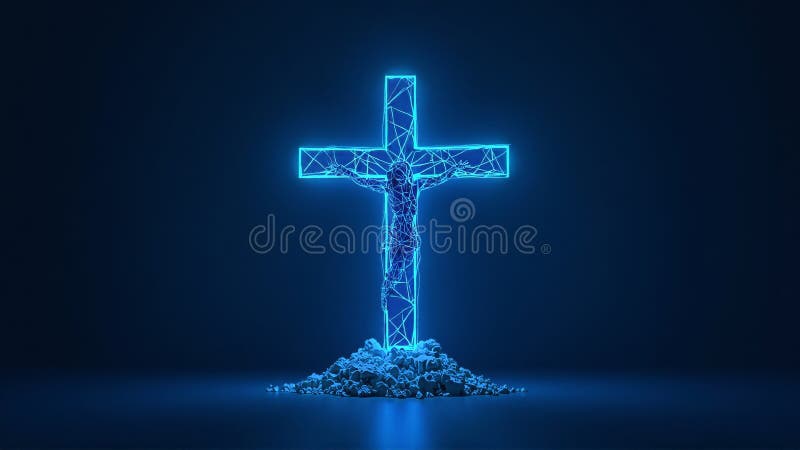 Futuristic Neon Cross with Digital Elements on Dark Background Stock ...