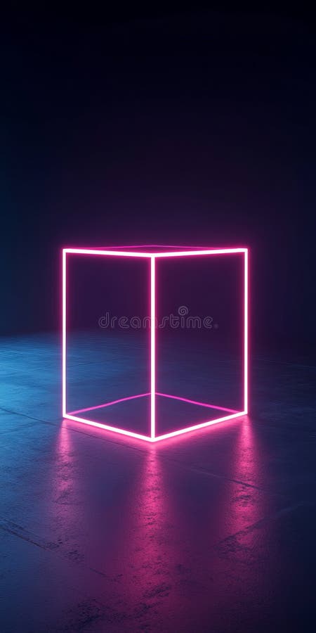 Futuristic Neon Cube in Dark Room with Reflective Floor Stock ...