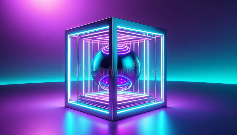 Futuristic Neon Cube with Glowing Sphere in Vivid Purple and Blue Light ...