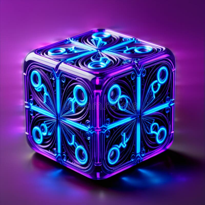 Futuristic Neon Cube with Intricate Design on Purple Background Stock ...