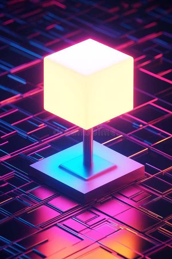 Futuristic Neon Cube Lamp on Abstract Geometric Surface with Vibrant ...