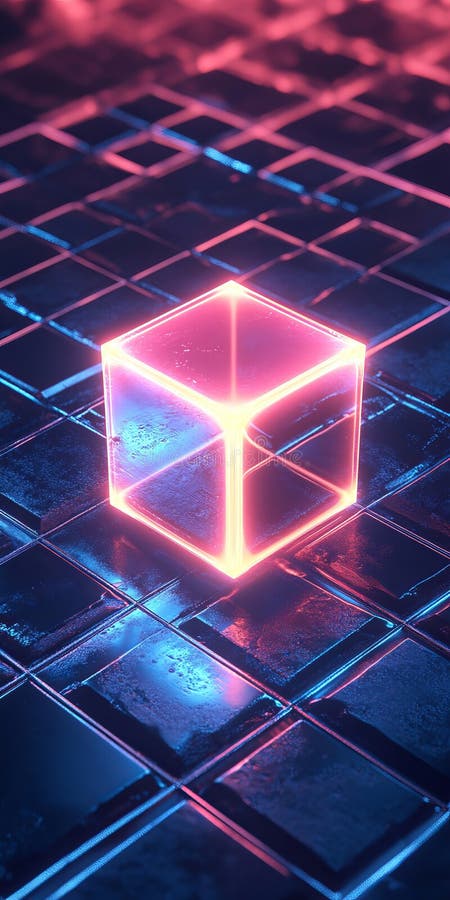 Futuristic Neon Cube on Reflective Grid Surface with Vibrant Pin Stock ...
