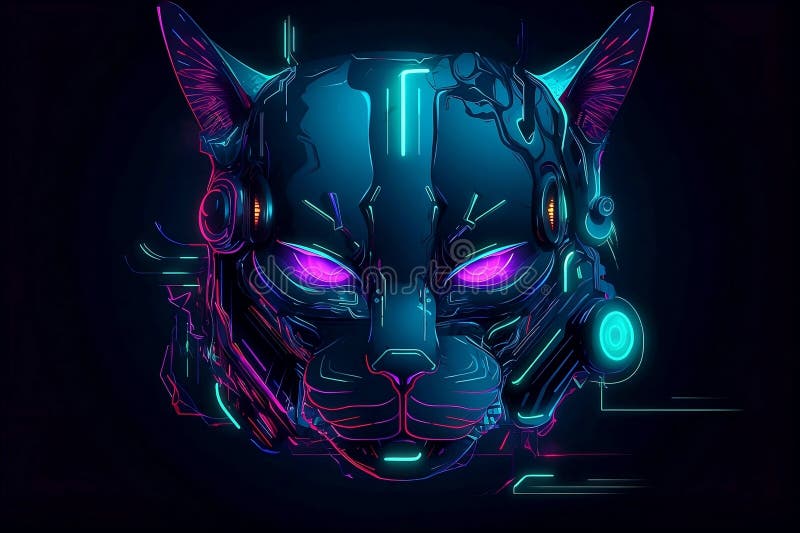 Neon Cyber Cat on Black Background, Digital Art, Futuristic Character ... Neon Cyber Cat on Black Background, Digital Art, Futuristic Character ...