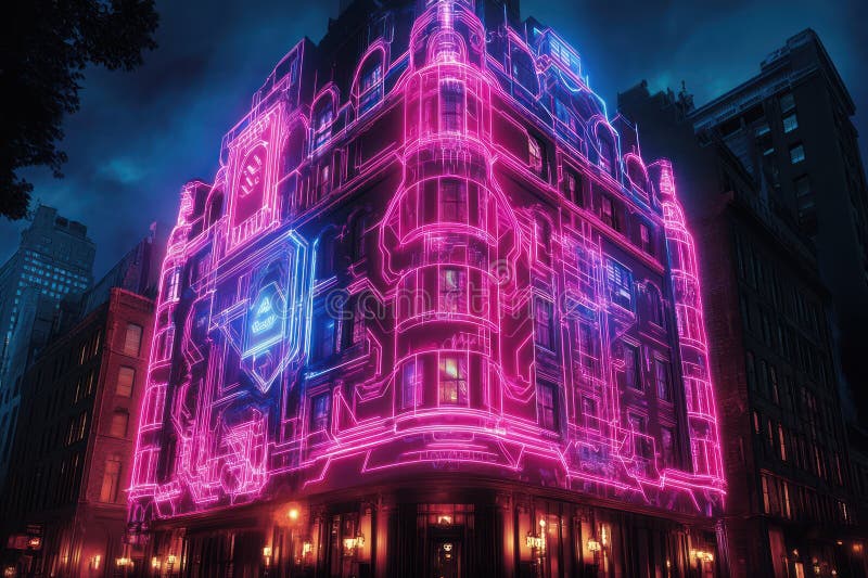 Futuristic Neon Cyber Grid with Cityscape and Technological Icons on ...