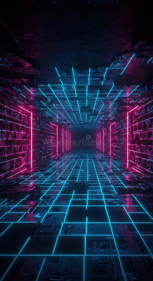 Futuristic Neon Cyberpunk Tunnel Glowing Grid Patterns Stock Photos ...
