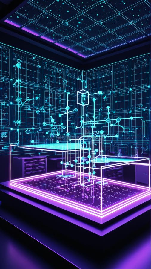 Futuristic Neon Data Network in Modern Tech Room with Abstract ...