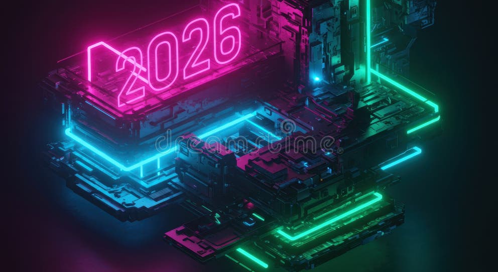 Futuristic Neon 2026 Digital Design with Glowing Geometric Structures ...