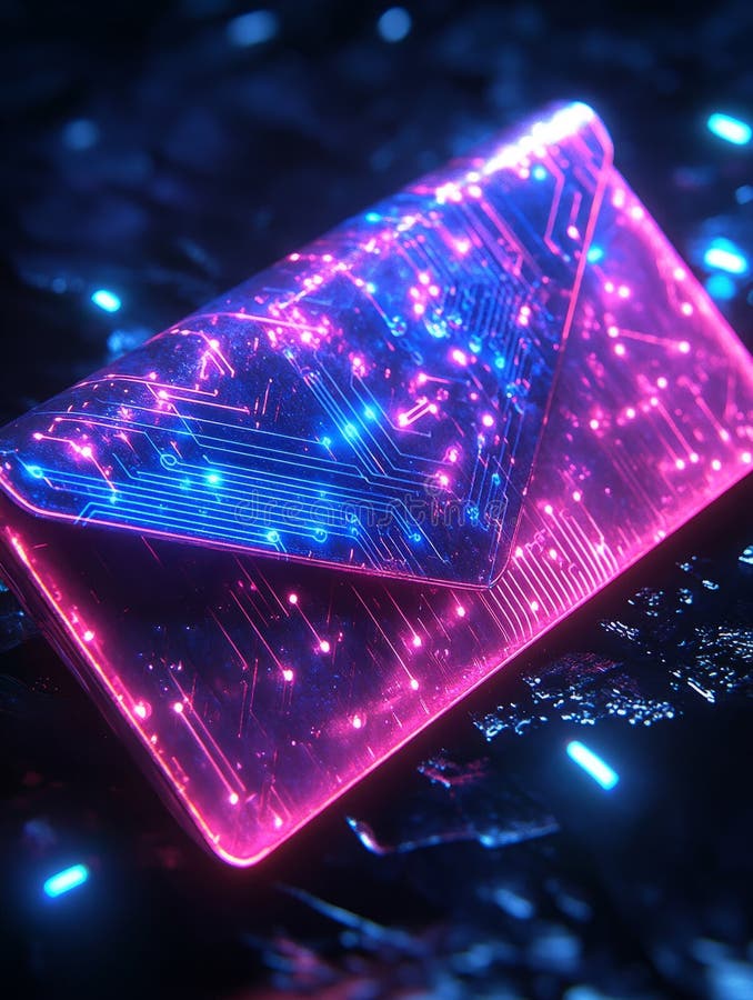 Futuristic Neon Digital Envelope with Circuit Patterns Stock Photo ...