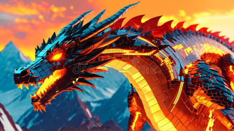 Futuristic Neon Dragon Against Mountainous Sunset Landscape Stock Photo ...