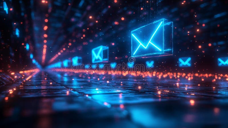 Futuristic Neon Email Icons in a Digital Corridor Generative AI Stock ...