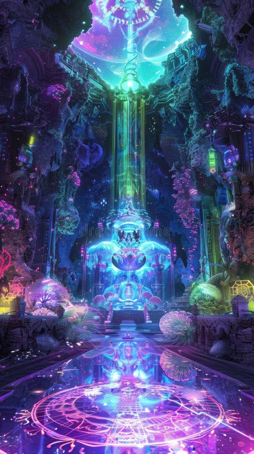 Futuristic Neon Fantasy World with Glowing Structures Stock ...