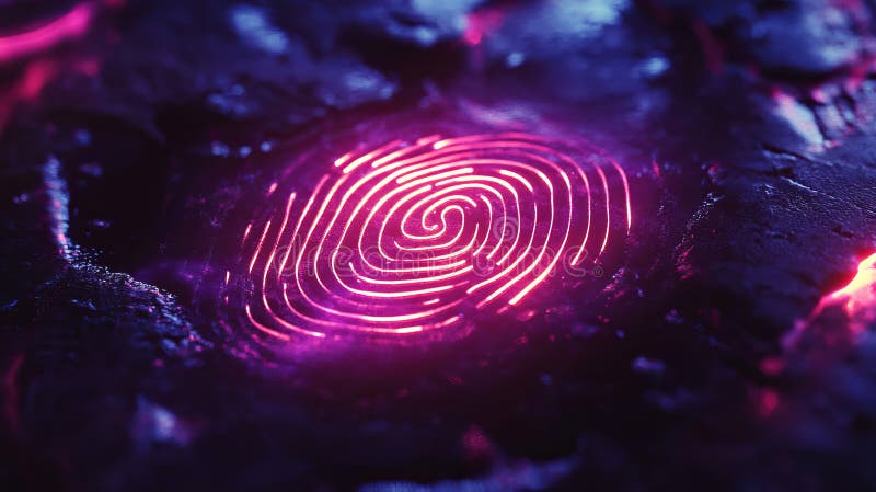 Futuristic Neon Fingerprint on Dark Surface with Glowing Purple and ...