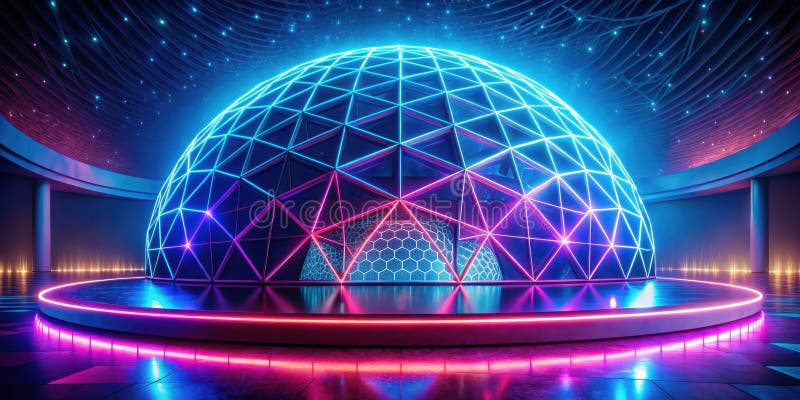 Futuristic Neon Geodesic Dome Structure in a Modern Hall with Vibrant ...