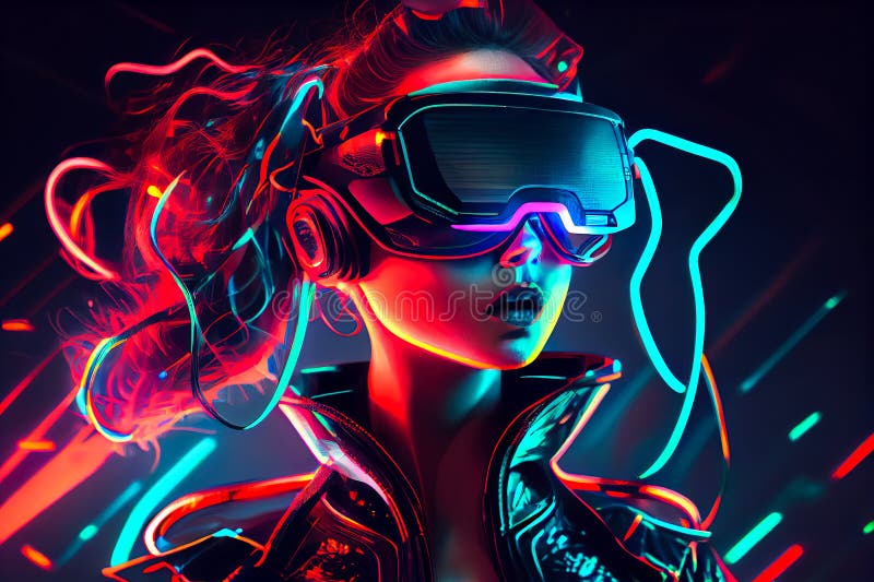 Futuristic Neon Girl in VR Glasses. Generative AI, Generative, AI Stock ...