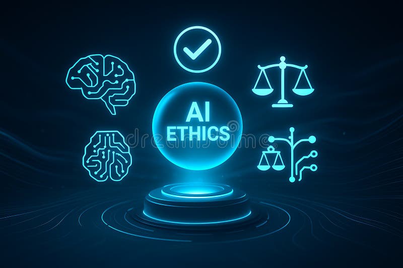 Futuristic Neon Glowing AI Ethics Icon Interface with Brain, Justice ...