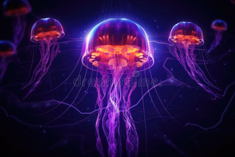 Futuristic Neon Glowing Jellyfish Stock Illustration - Illustration of ...