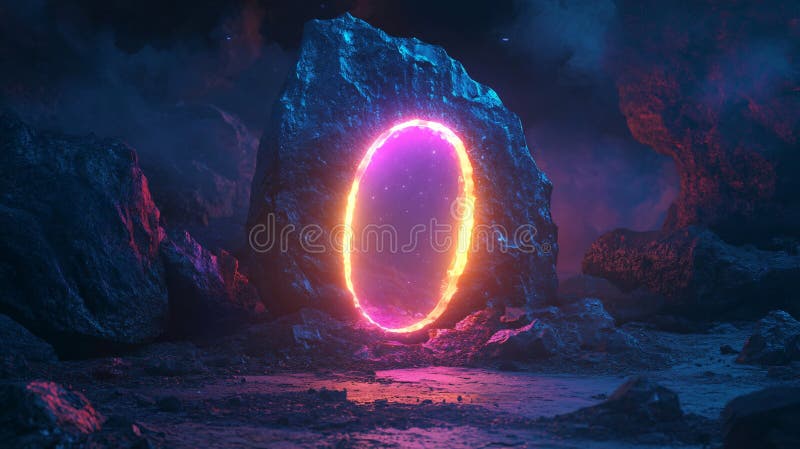 Futuristic Neon Glowing Stone Gate Portal Illuminated Abstract ...
