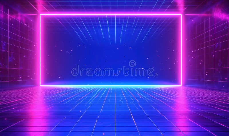 Futuristic Neon Grid Background with Glowing Frame and Starry Night Sky ...