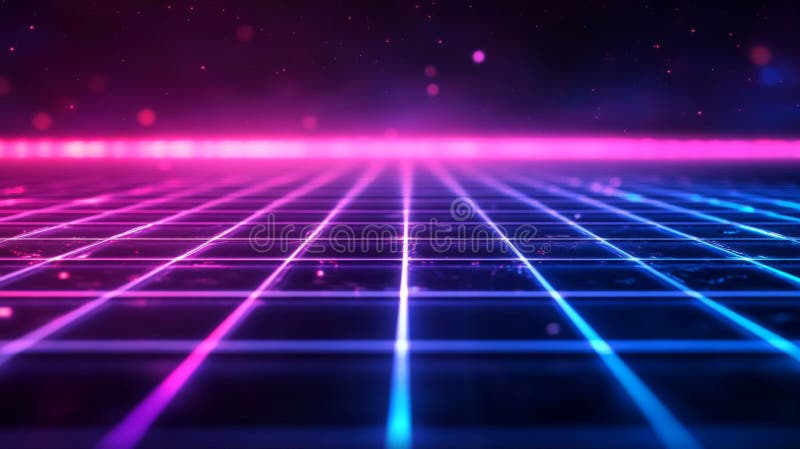 Futuristic Neon Grid Landscape with Pink and Blue Glowing Lines Stock ...