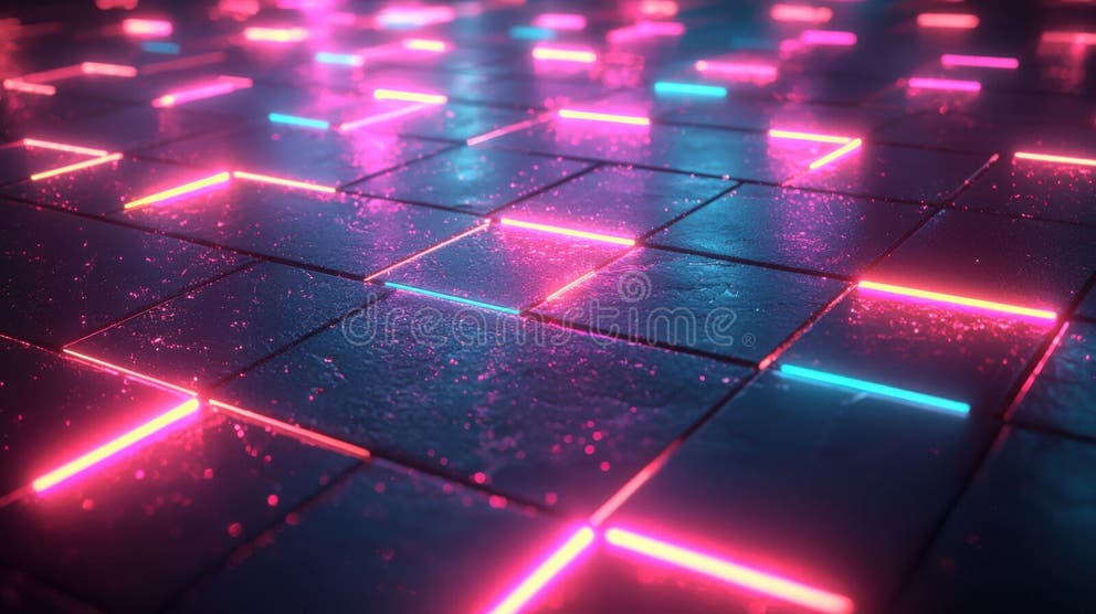 Futuristic Neon Grids Glowing on Reflective Surface, Creating Vibrant ...