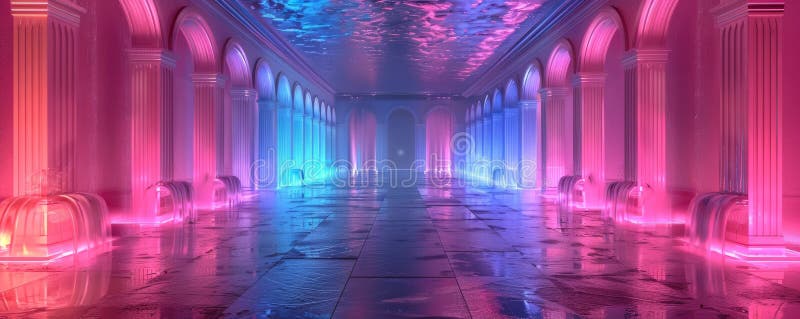 Futuristic Neon Hallway with Arched Columns and Reflective Floor in ...