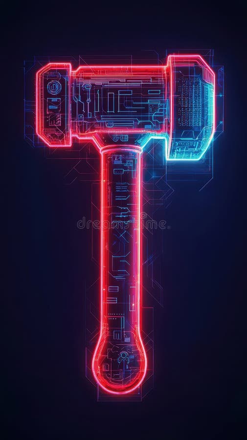 Futuristic Neon Hammer Digital Technology Coding Hardware Innovation ...
