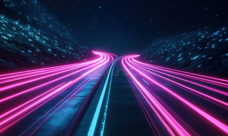 Futuristic Neon Highway with Glowing Pink Lights and Starry Night Sky ...