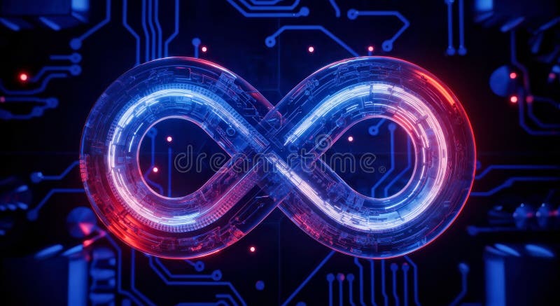 Futuristic Neon Infinity Symbol on Digital Circuit Board Background ...
