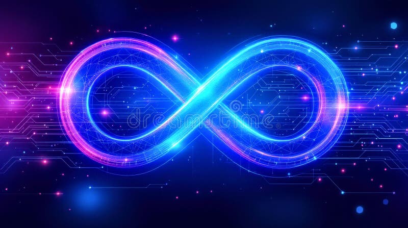 Futuristic Neon Infinity Symbol with Digital Circuitry on Dark Background Stock Illustration ...