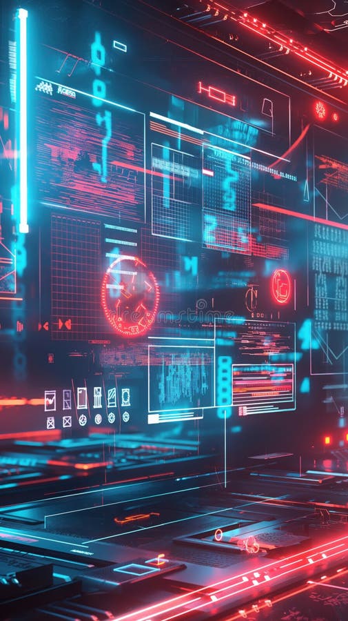 Futuristic Neon Interface Screens with Glowing Red and Cyan Data Panels ...