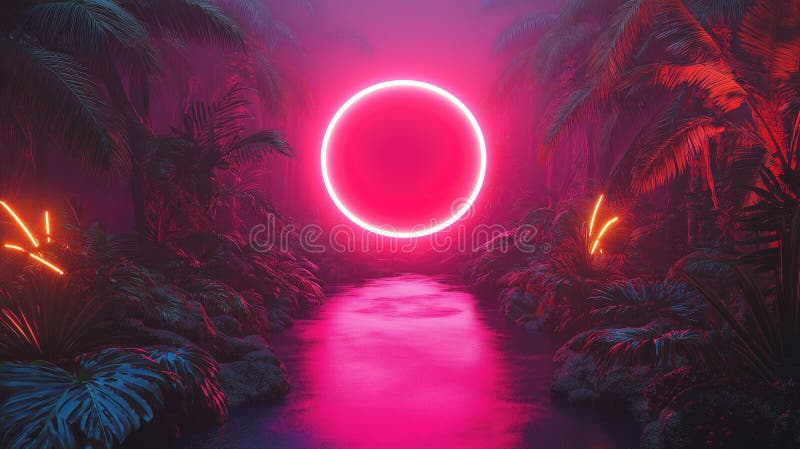 Futuristic Neon Jungle with Glowing Circle Above Reflective Water ...