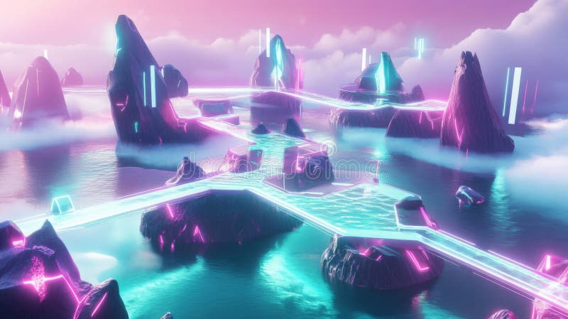 Futuristic Neon Landscape with Floating Islands and Glowing Bridges ...