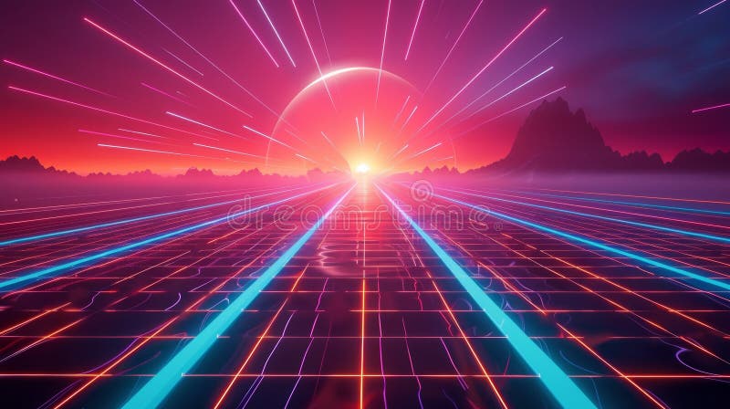 Futuristic Neon Landscape with Glowing Grid and Vibrant Sunset in a ...