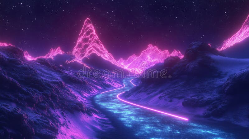 Futuristic Neon Landscape with Glowing River and Mountains Under Starry ...