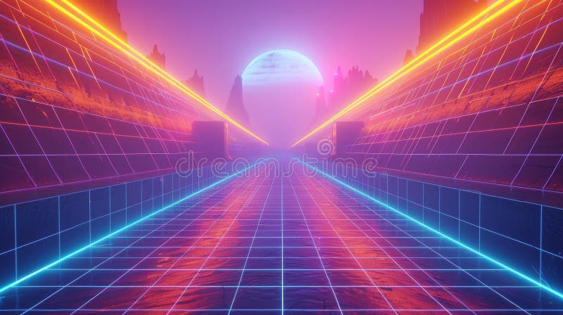 Futuristic Neon Landscape with Grid Pathway and Glowing Moon in Retro ...