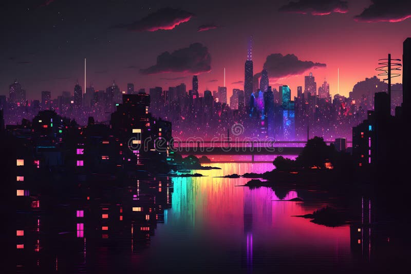Futuristic Neon Landscape. Neural Network AI Generated Stock ...