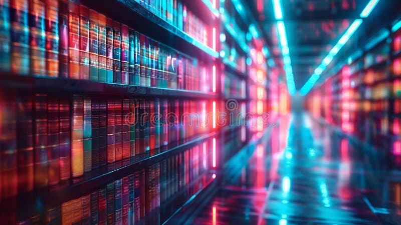 Futuristic Neon Library Aisle, Generative AI Stock Photo - Image of design, creative: 324581128